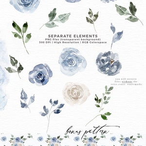 AZURE Blue Watercolor Flowers Clipart, Winter Floral Clip Art, Pale ...