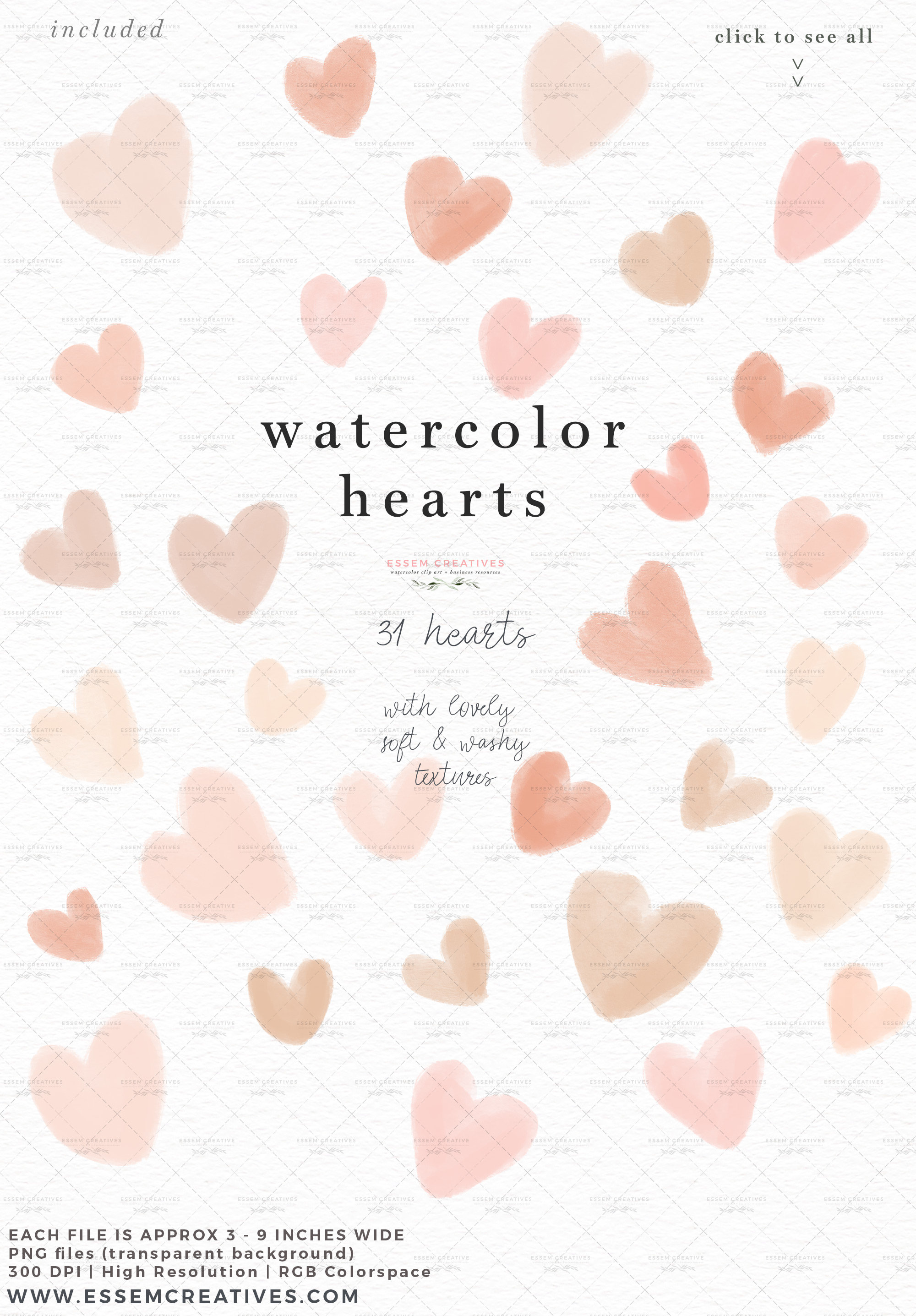 Watercolor Hearts Clipart PNG Valentines Day Clipart - Etsy