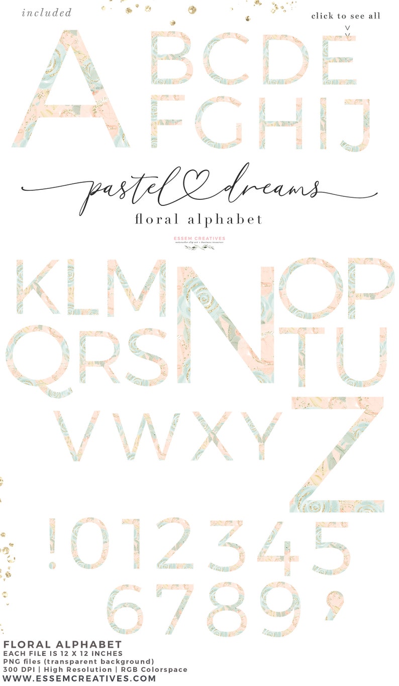 Floral Alphabet Clipart Peach Mint Green A-Z 1-10 Digits | Etsy