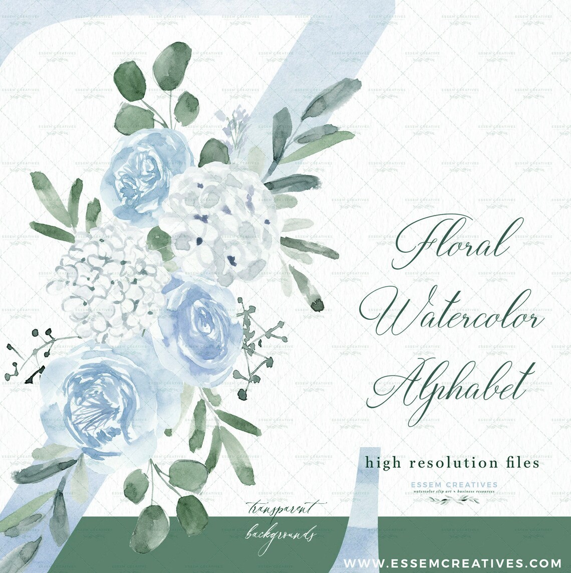 Baby Blue Watercolor Floral Alphabet Clipart, Boy Watercolor Flowers ...