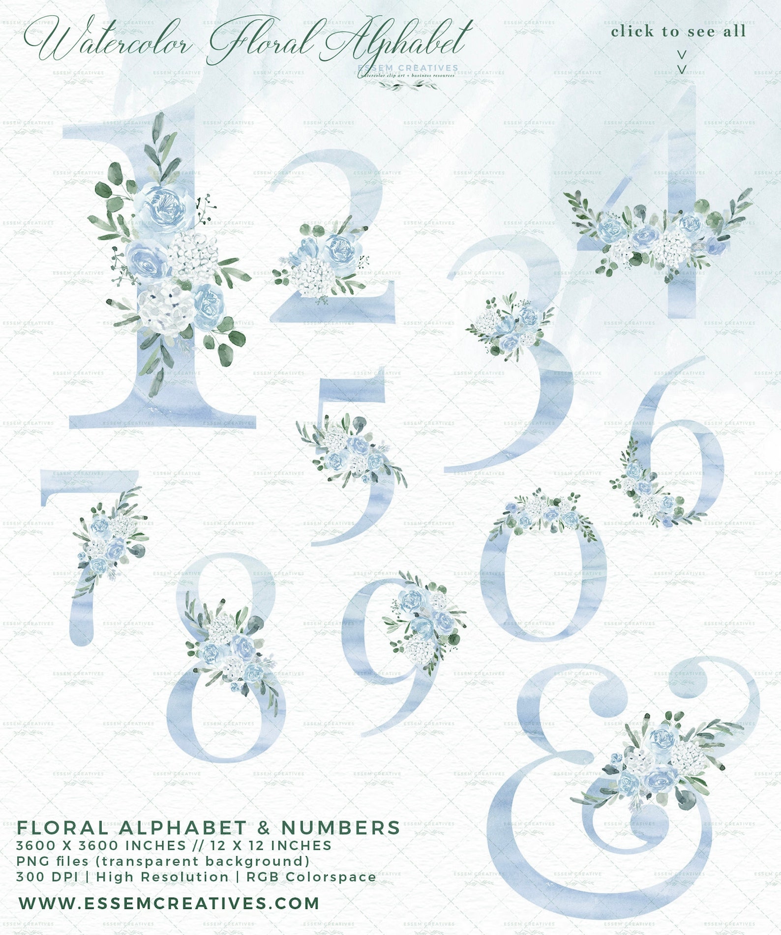 Baby Blue Watercolor Floral Alphabet Clipart, Boy Watercolor Flowers ...