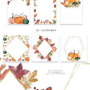 Rustic Fall Watercolor Digital Papers, Autumn Leaf Pumpkins Borders ...