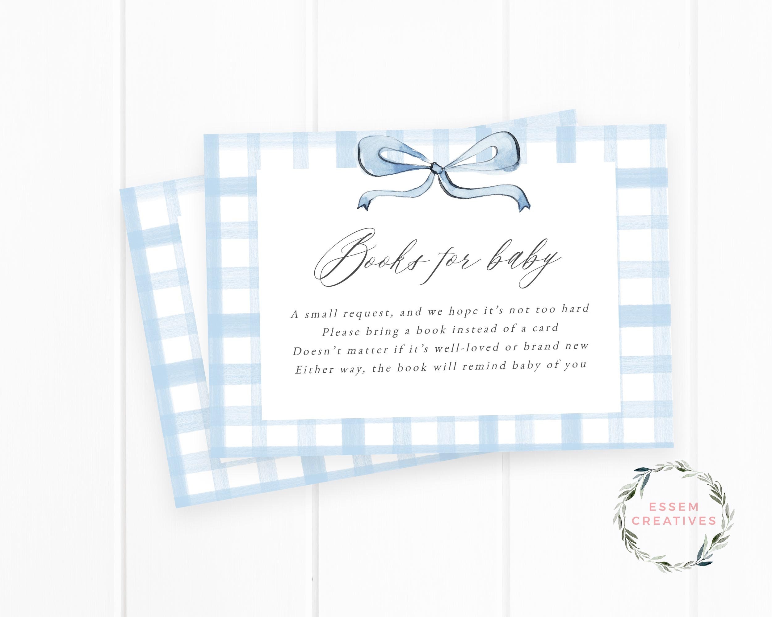 Editable Baby Blue Boy Baby Shower Books for Baby Card, Gingham Bow ...