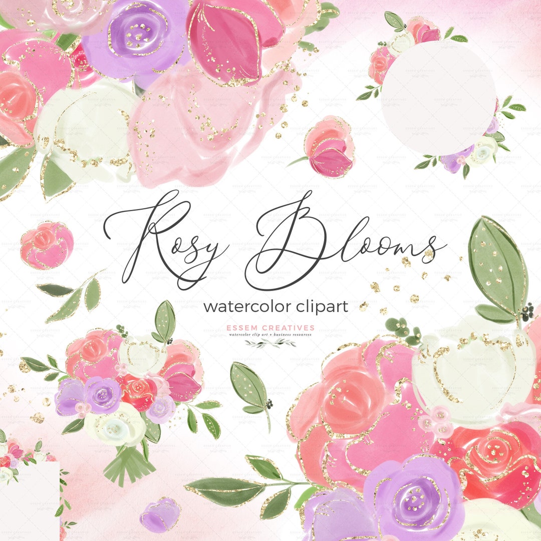 Pink & Purple Floral Watercolor Clipart: Sparkling Rosy Blooms | Frames ...