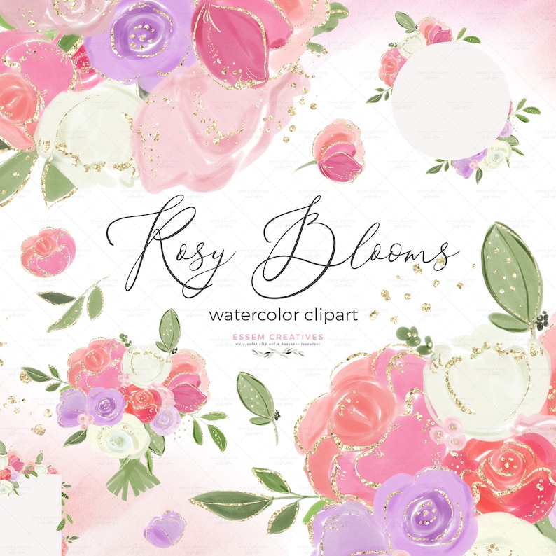 Pink & Purple Floral Watercolor Clipart: Sparkling Rosy Blooms | Frames ...