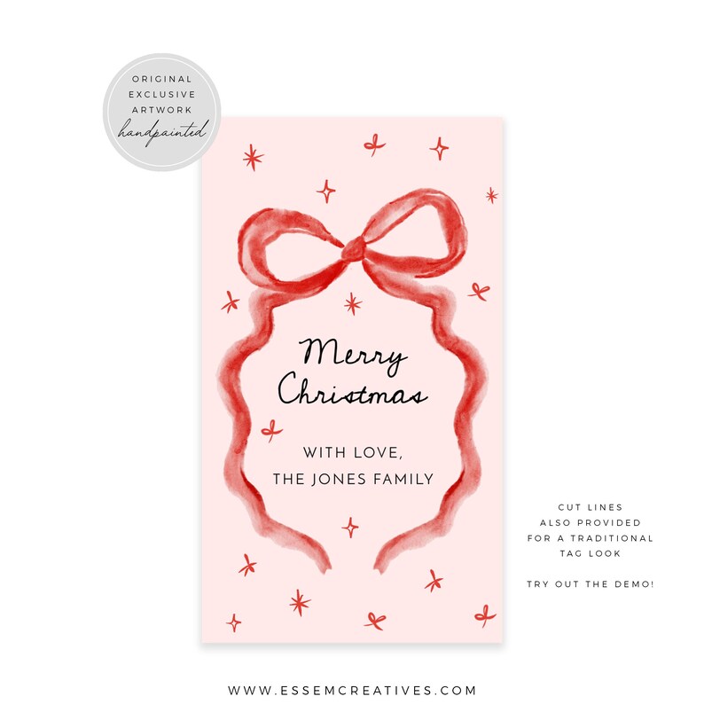 Printable Coquette Red Bow Christmas Gift Tag Template, Editable Cute ...