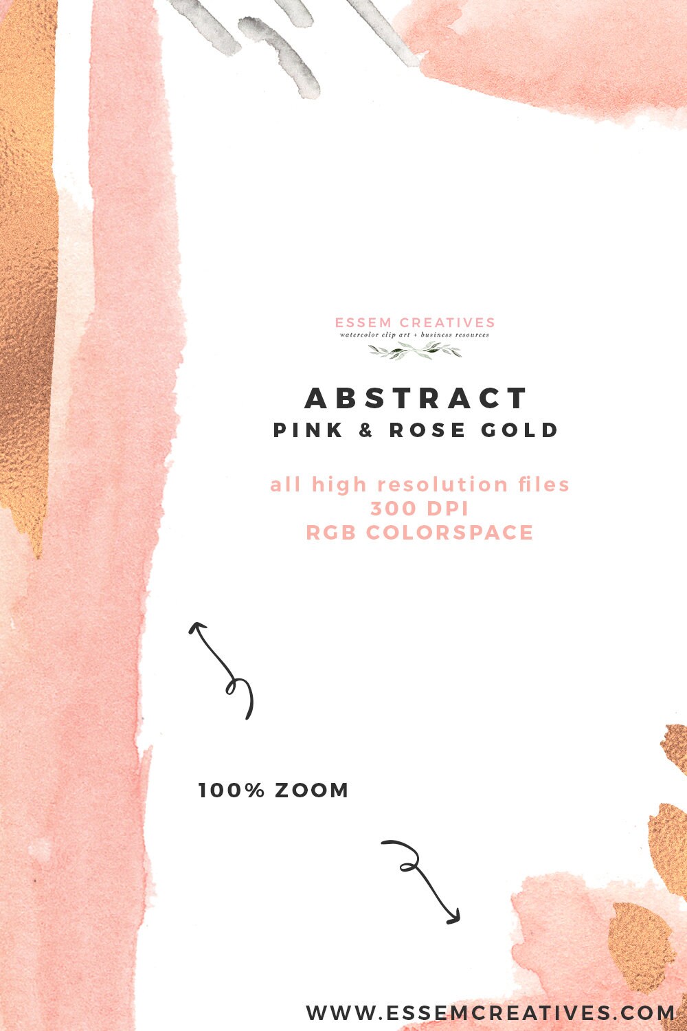 Modern Abstract Pink & Rose Gold Clipart, Watercolor Paint Brush ...