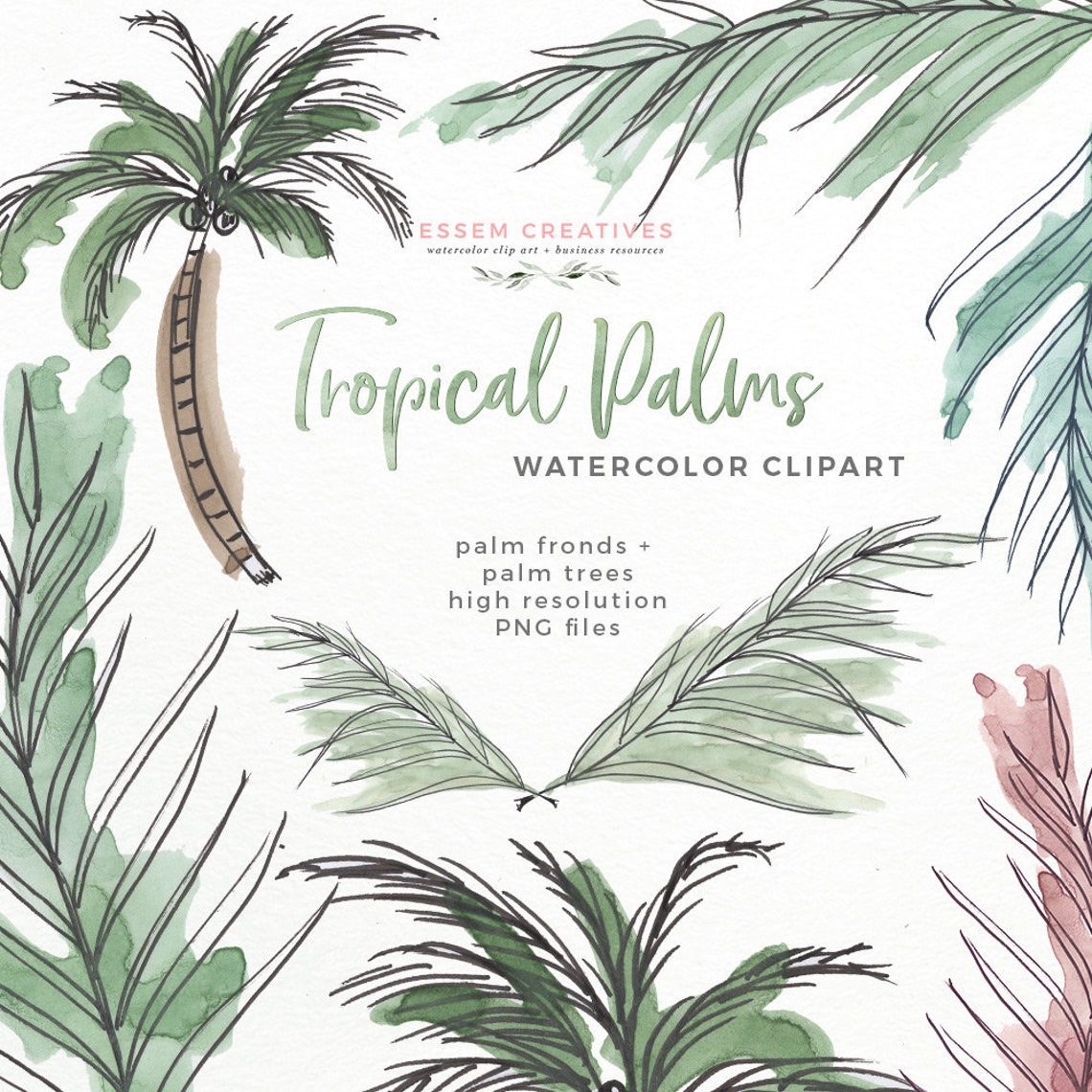 Tropical Palm Leaves Watercolor Clipart Tropical Greenery | Etsy