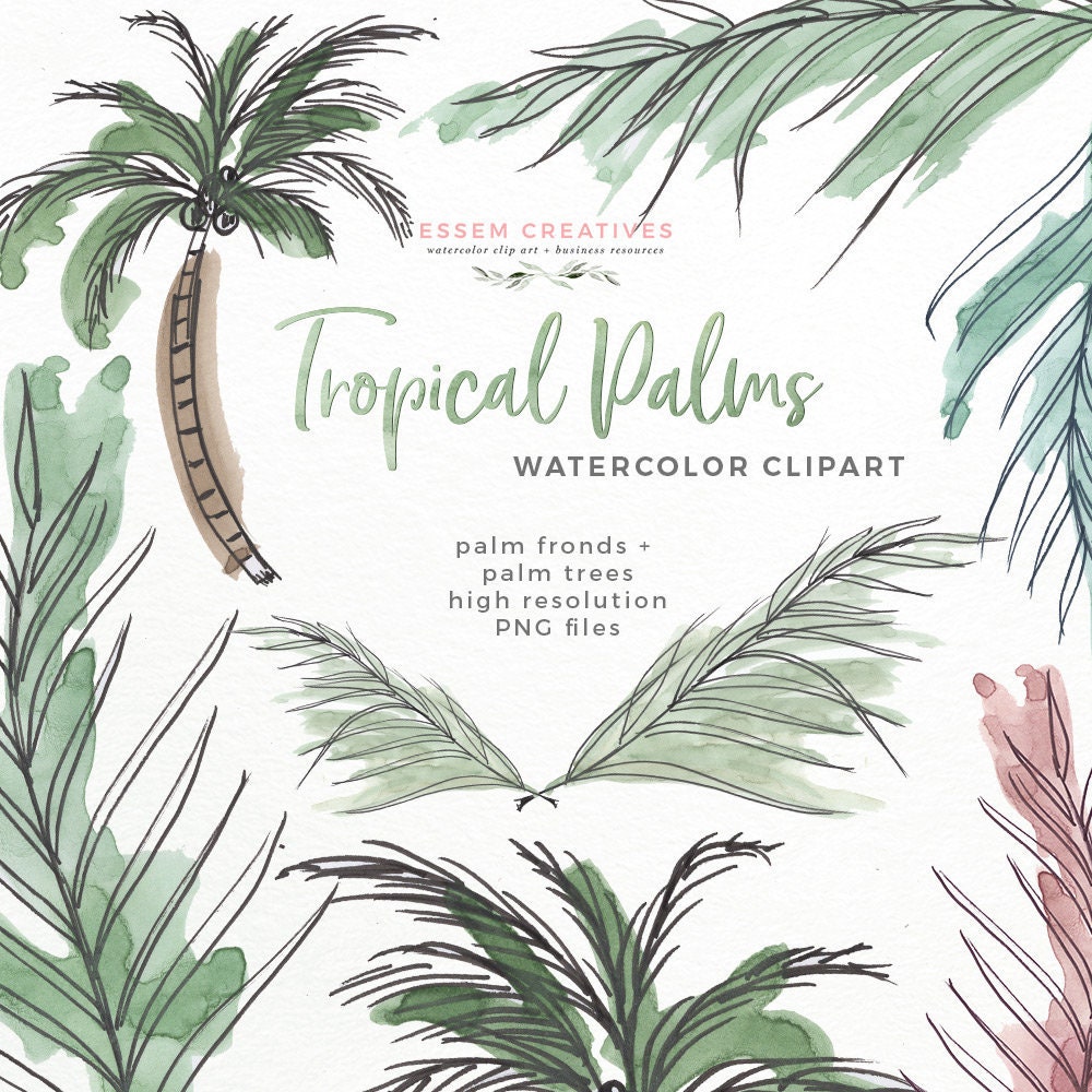 Tropical Palm Leaves Watercolor Clipart, Tropical Greenery Graphics ...