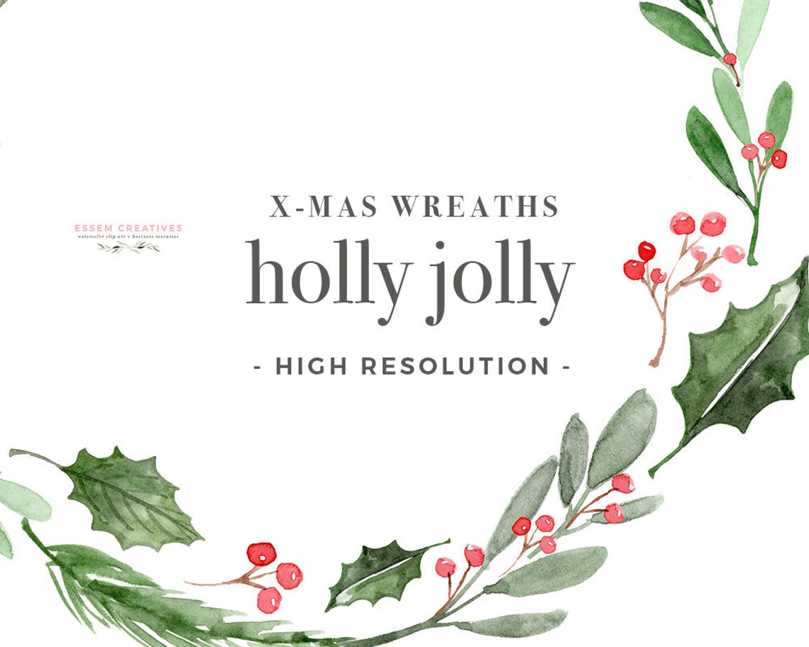 Christmas Wreath Clipart Holly Jolly Clip Art Watercolor - Etsy India