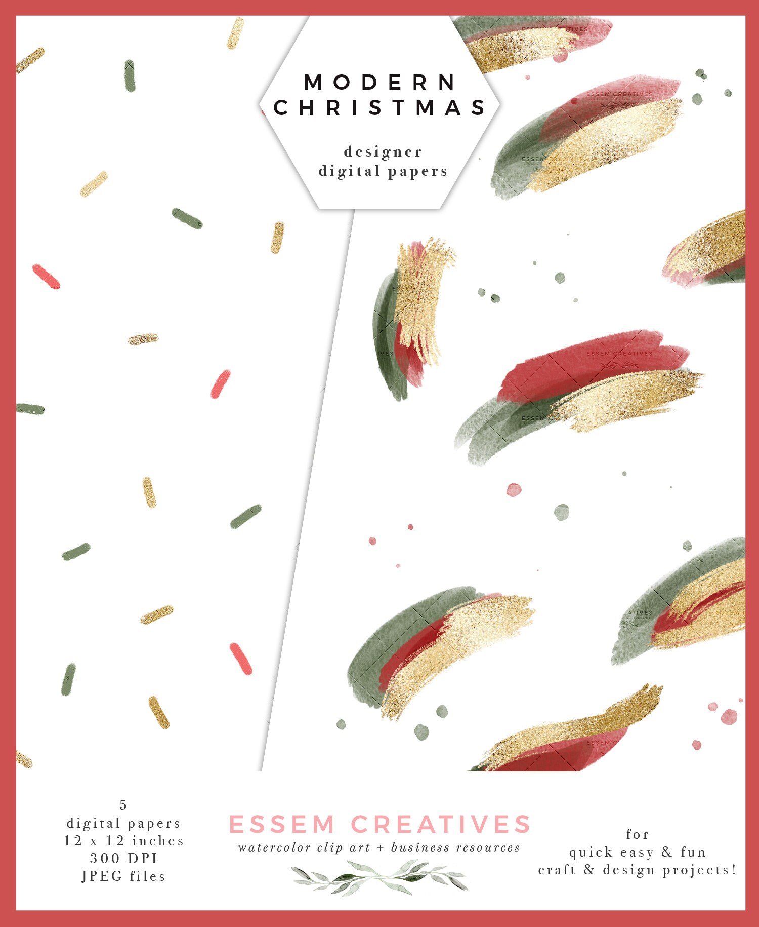 Modern Christmas Digital Paper, Watercolor Holiday Scrapbook Paper ...
