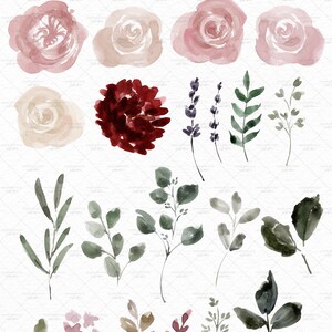 Watercolor Flowers Clipart in Navy Blue Deep Red and White. Floral ...