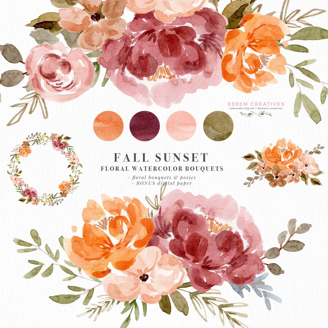 Fall Floral Watercolor Clipart, Orange Rust Thanksgiving Clipart, Fall ...