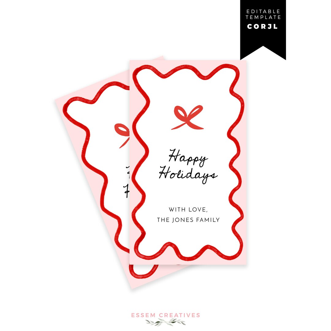Wavy Border and Bow Gift Tag Template, Editable Holiday Hang Tag ...