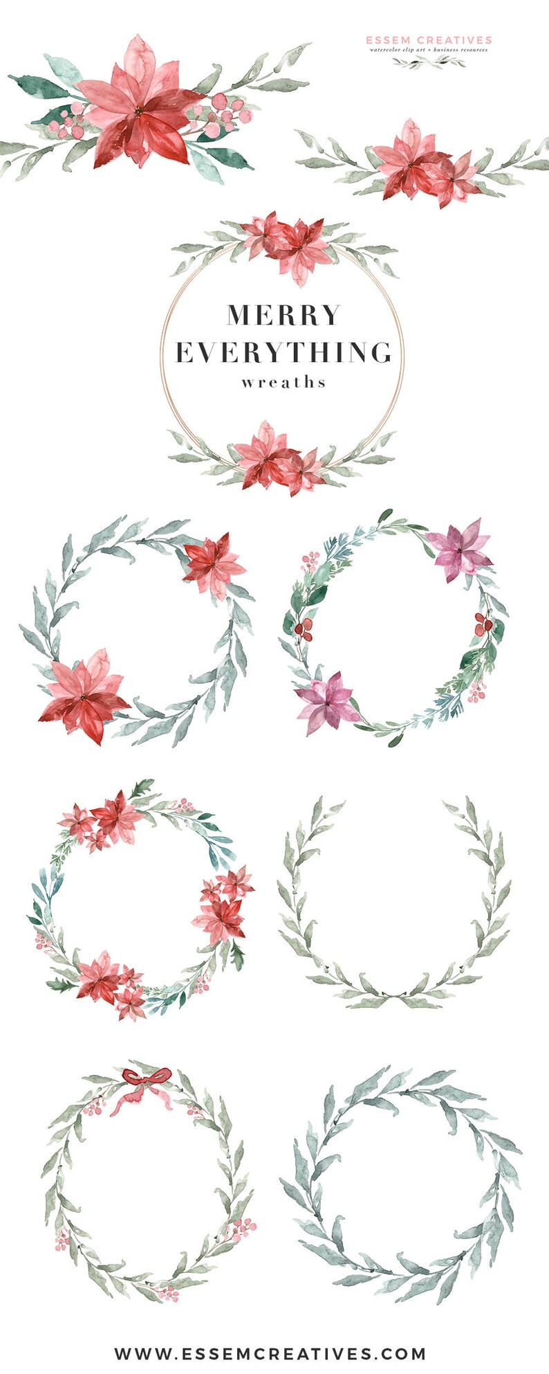 Watercolor Christmas Wreath Clipart Poinsettia Clipart - Etsy