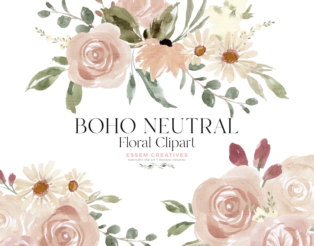 Boho Neutral Floral Clipart, Boho Floral Frame Clip Art, Watercolor ...