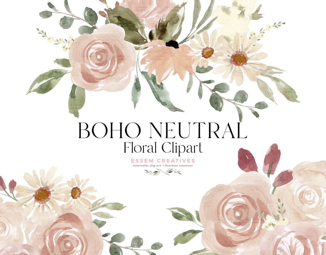 Boho Neutral Floral Clipart Boho Floral Frame Clip Art - Etsy