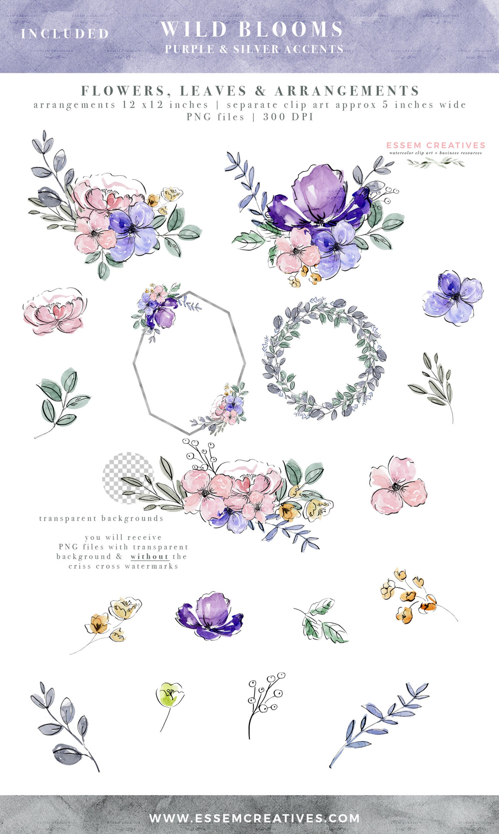 Purple Floral Clipart Purple and Silver Watercolour Line Art - Etsy
