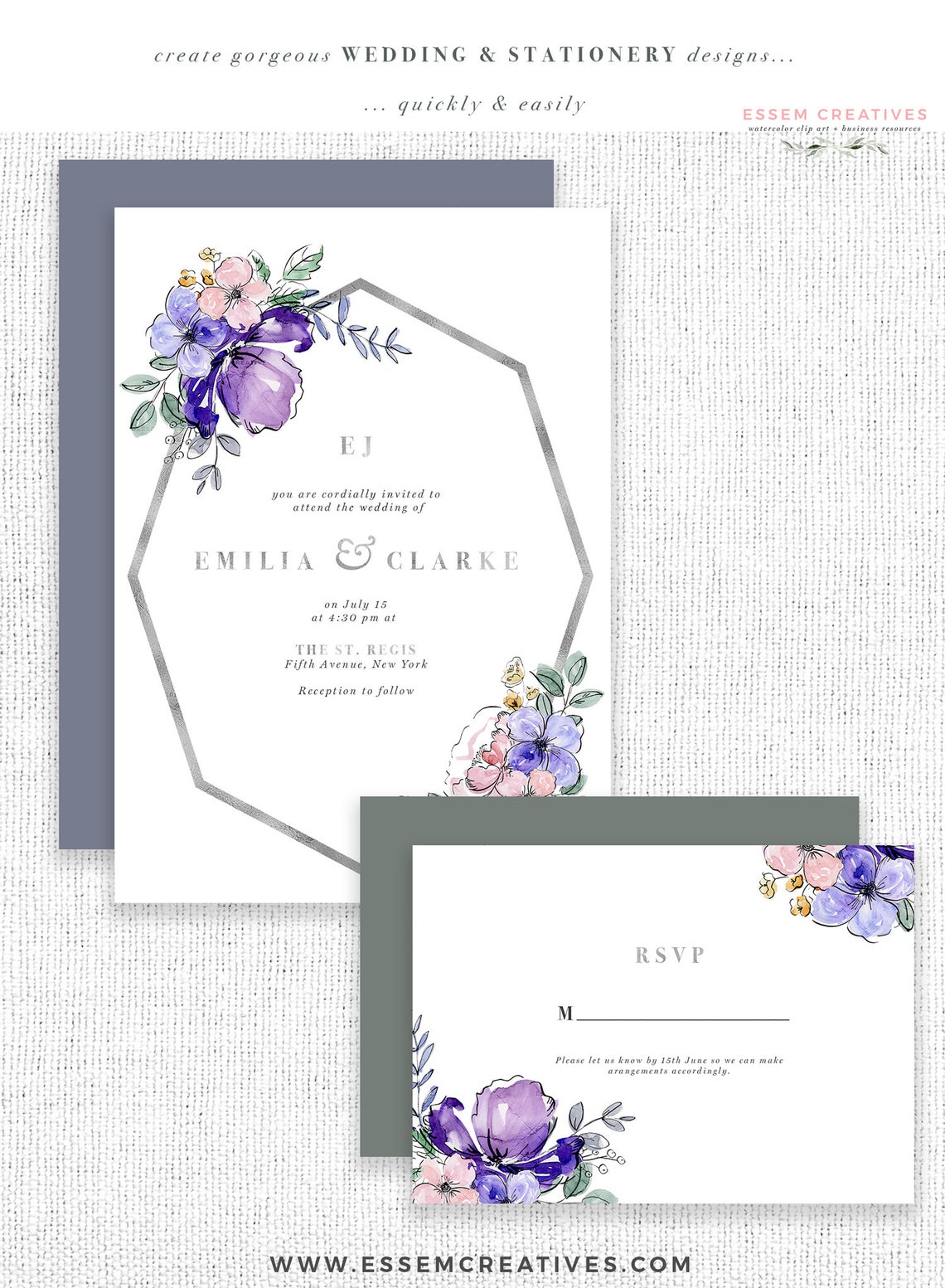 Purple Floral Clipart Purple and Silver Watercolour Line Art - Etsy