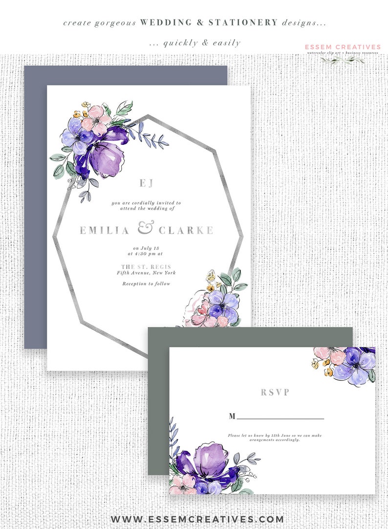 Purple Floral Clipart, Purple and Silver Watercolour Line Art Flowers ...