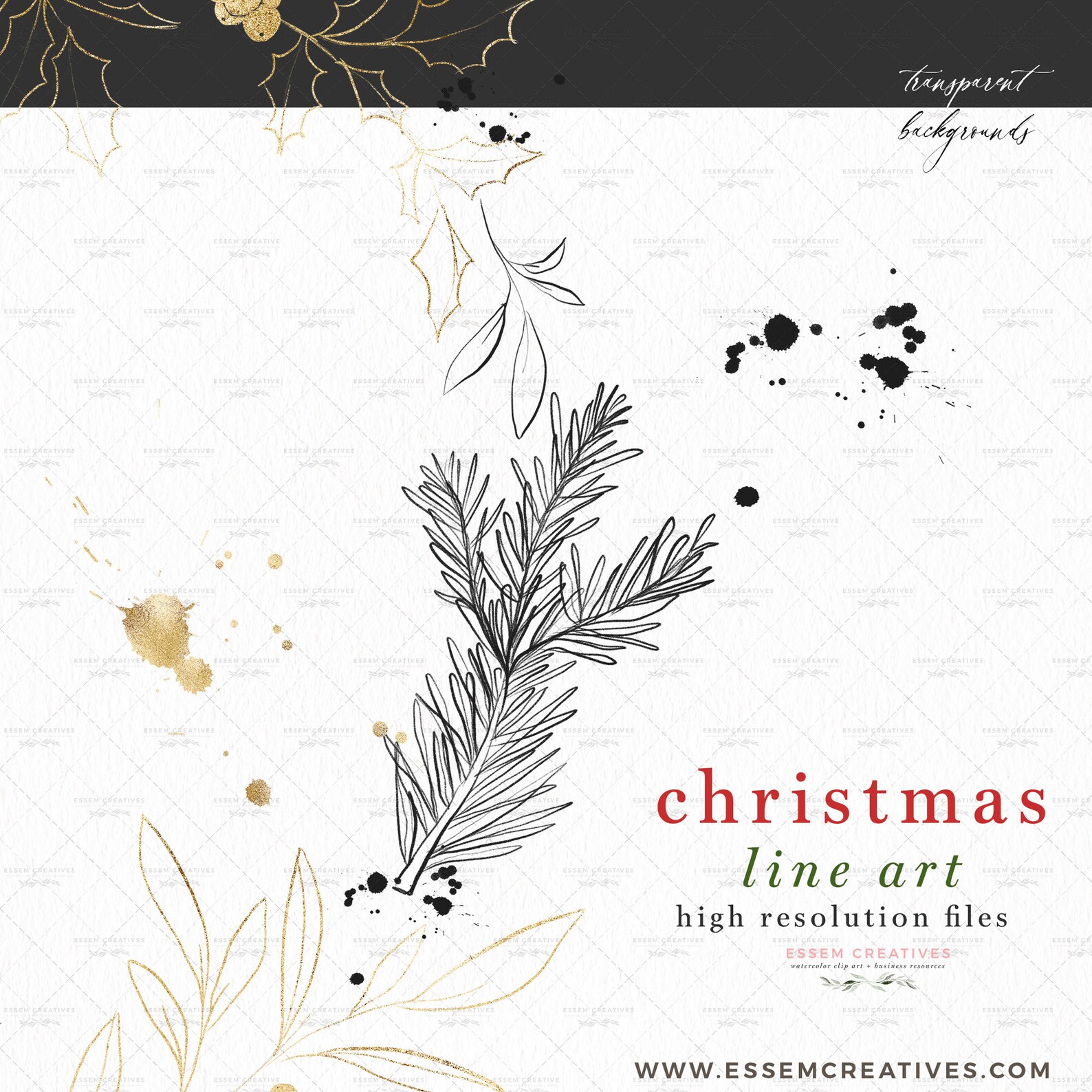 Christmas Line Art Wreath Clipart, Holly Jolly Clip Art, Fine Art ...