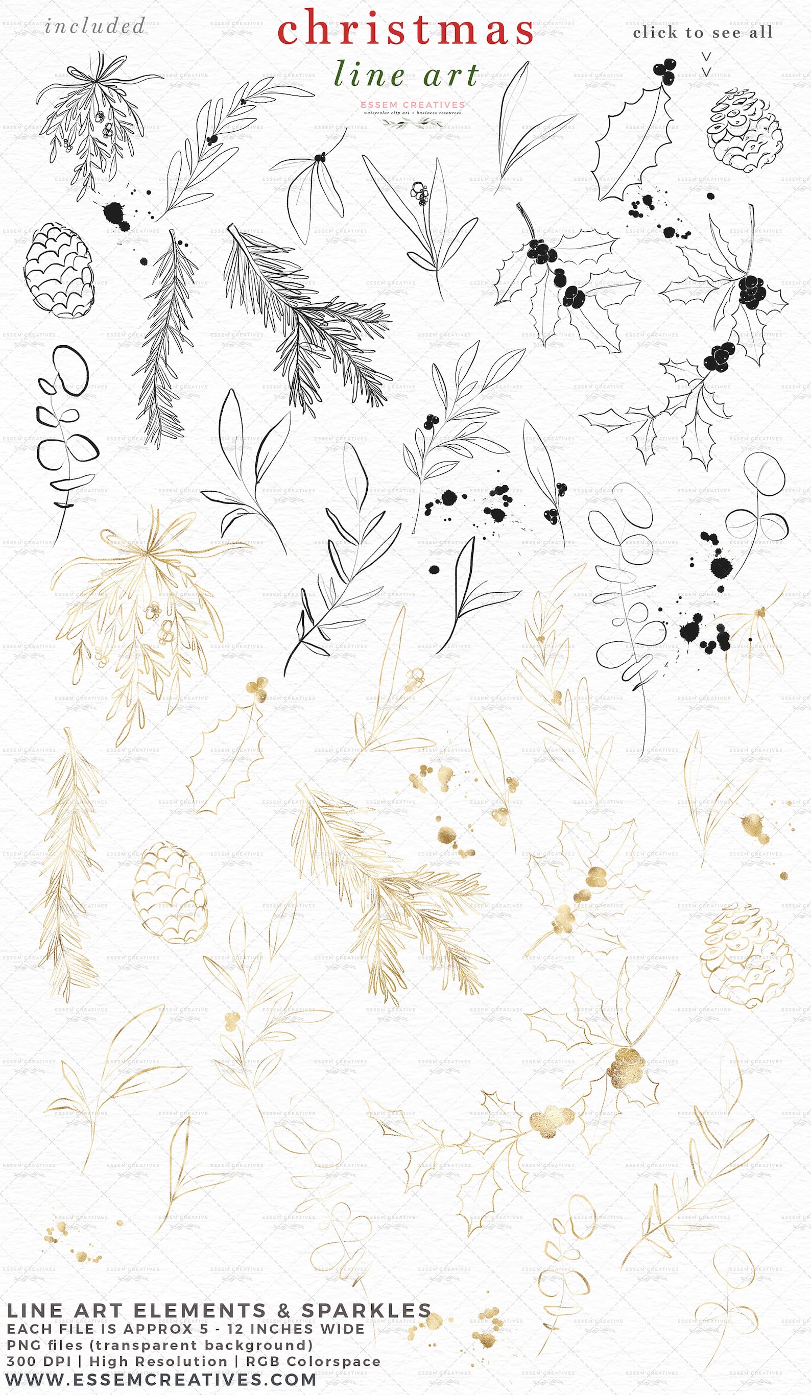 Christmas Line Art Wreath Clipart Holly Jolly Clip Art Fine - Etsy