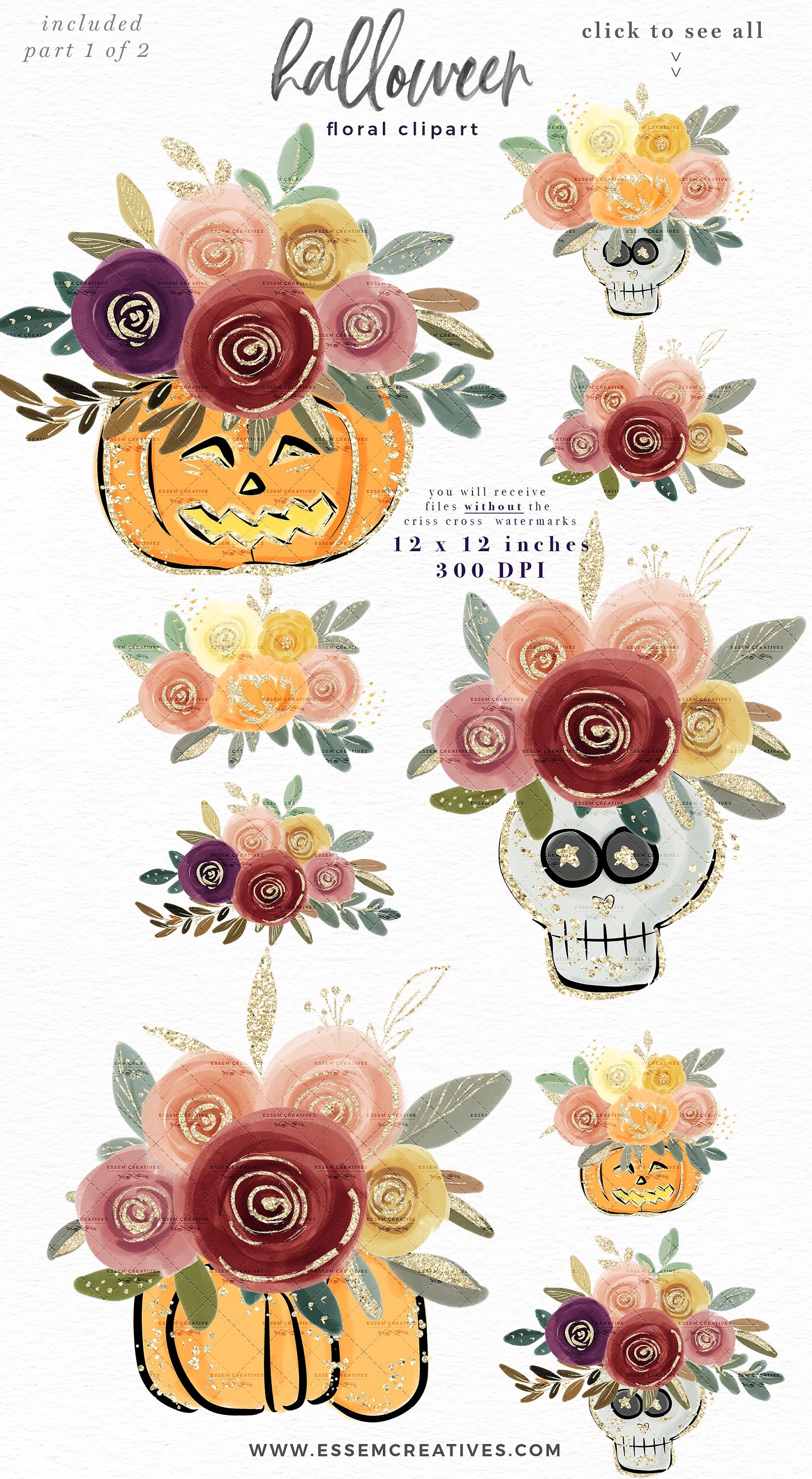 Watercolor Halloween Floral Clipart Gold Glitter Fall Spooky - Etsy