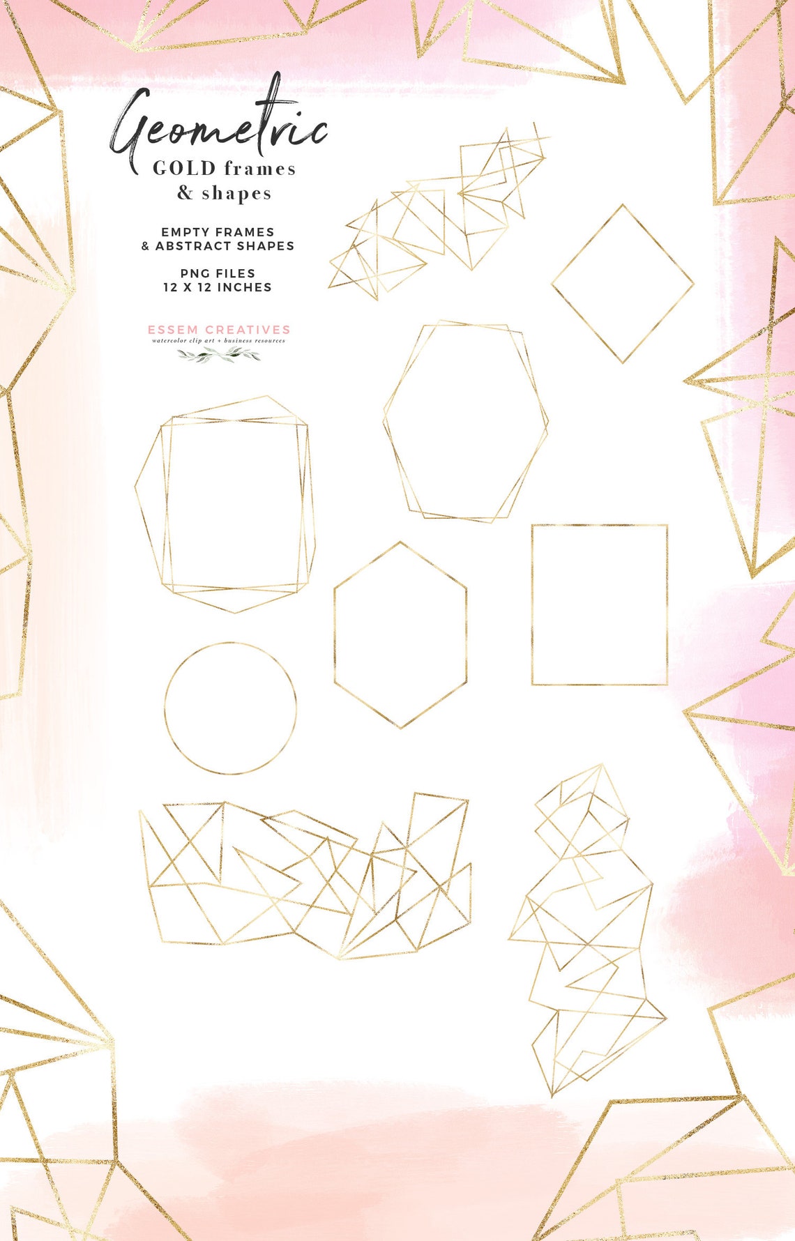 Empty Gold Geometric Frames Clipart, Crystal Frames Shapes Borders Clip ...