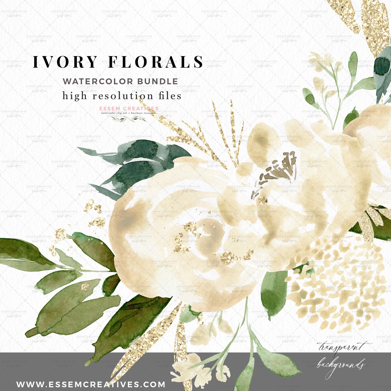 Ivory Watercolor Flowers Clipart, White Floral Watercolor Graphics ...