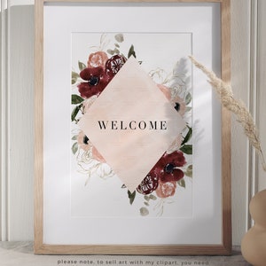 Burgundy Blush Floral Clipart, Boho Wreath Clipart, Watercolor Frame ...