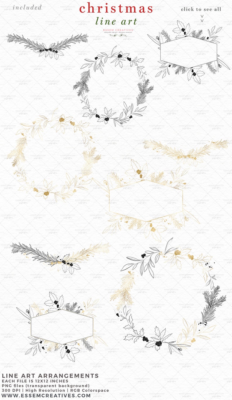 Christmas Line Art Wreath Clipart Holly Jolly Clip Art Fine - Etsy