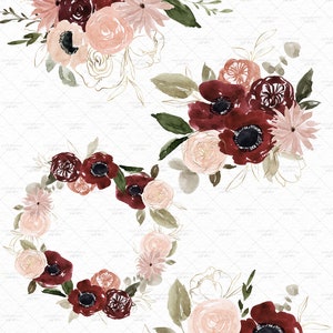 Burgundy Blush Floral Clipart, Boho Wreath Clipart, Watercolor Frame ...