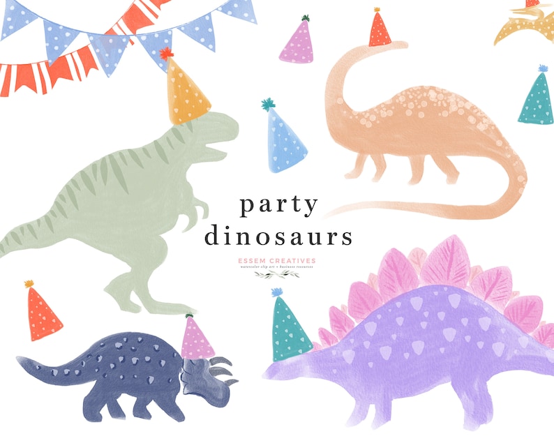 Party Dinosaurs Clipart, Cute and Colorful Watercolor Dinos Wearing ...