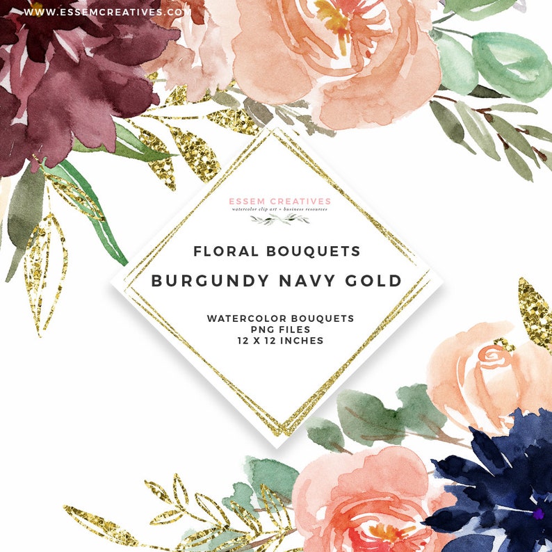 Watercolor Flowers Clipart, Boho Fall Floral Bouquet Clipart, Burgundy ...