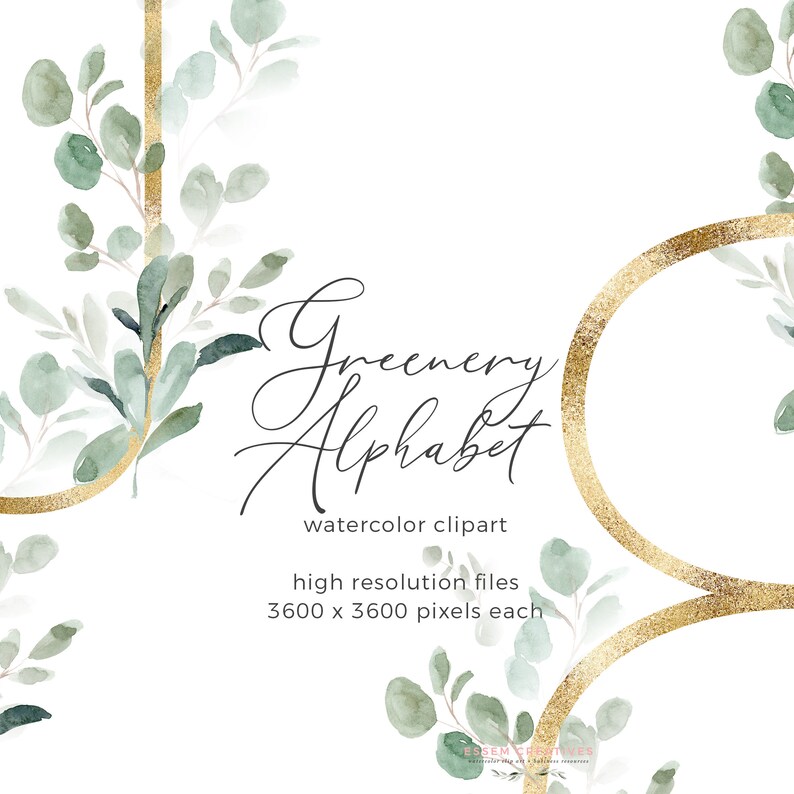 Greenery and Gold Watercolor Floral Alphabet Clipart, Neutral ...