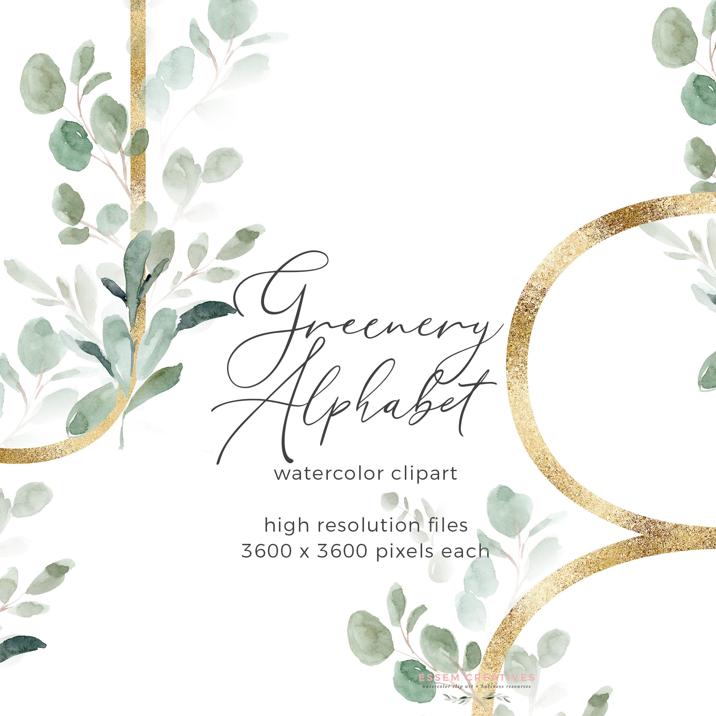 Greenery and Gold Watercolor Floral Alphabet Clipart, Neutral ...