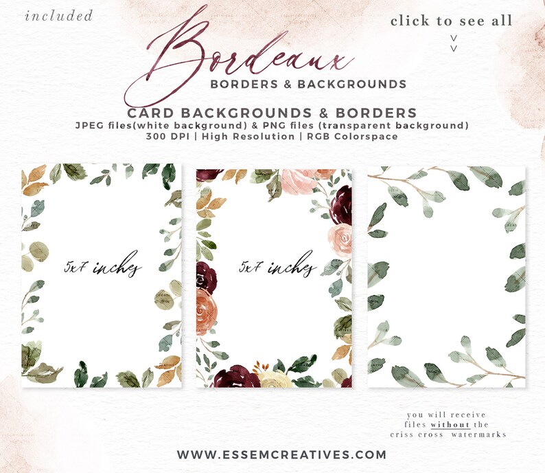 Burgundy Watercolor Floral Frames Card Borders Backgrounds - Etsy