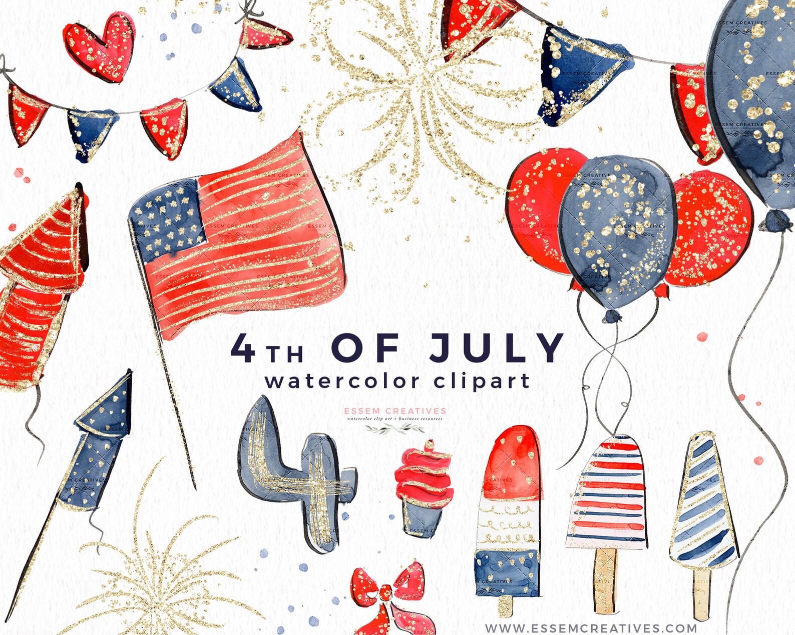 4th of July Clipart, Patriotic Clip Art, Watercolor July Fourth ...
