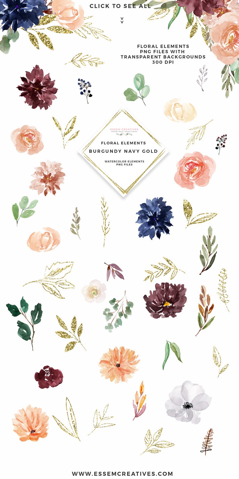 Watercolor Floral Clipart Burgundy Navy Blush Watercolor - Etsy