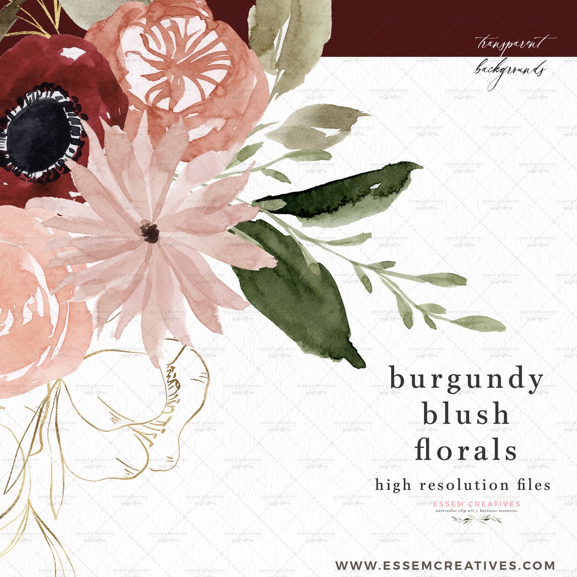 Burgundy Blush Floral Clipart Boho Wreath Clipart Watercolor - Etsy