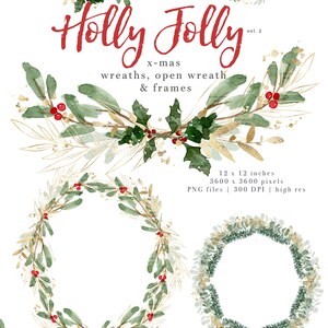 Christmas Wreath Clipart, Holly Jolly Clip Art, Watercolor Winter ...