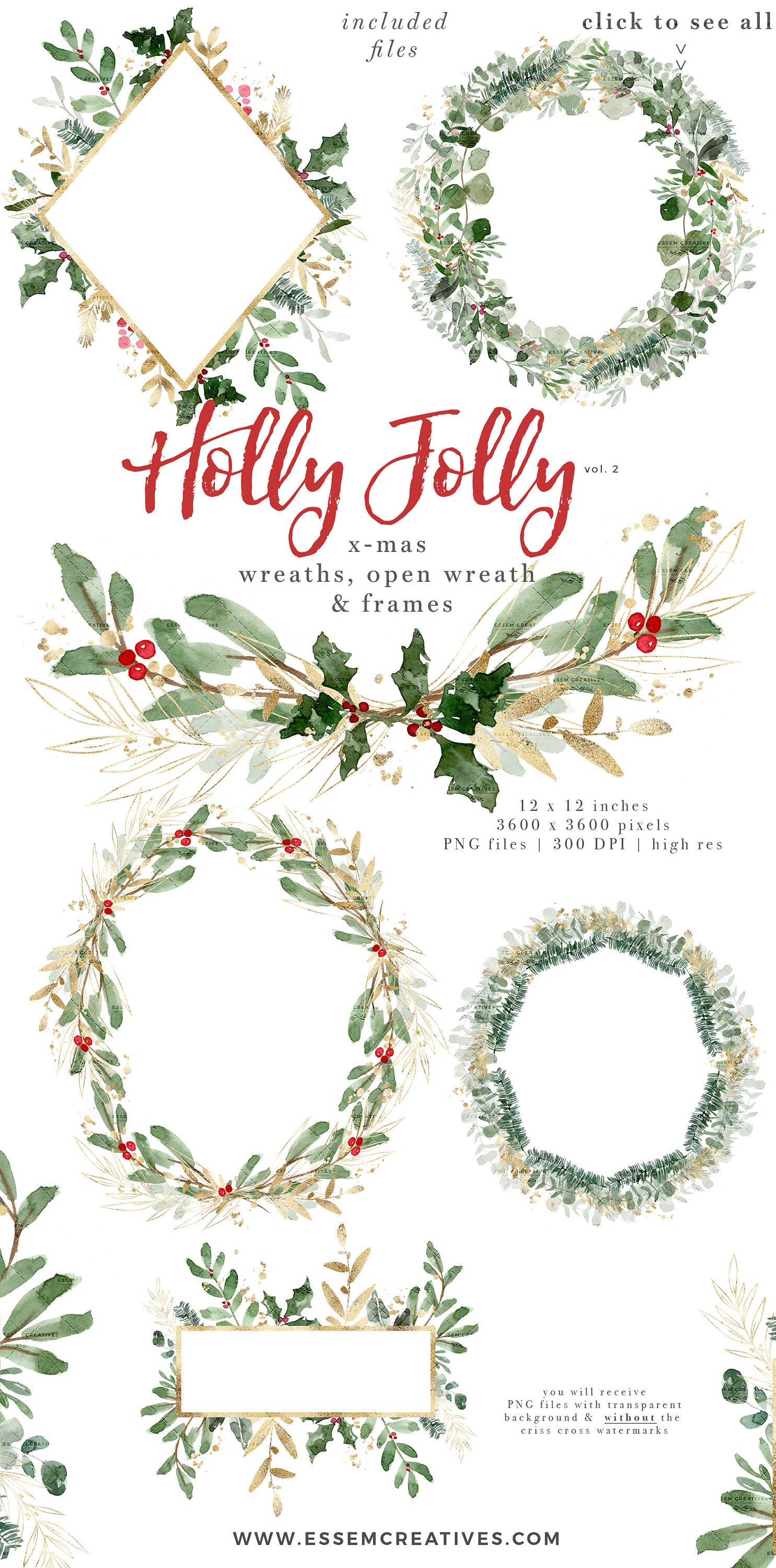 Christmas Wreath Clipart Holly Jolly Clip Art Watercolor | Etsy