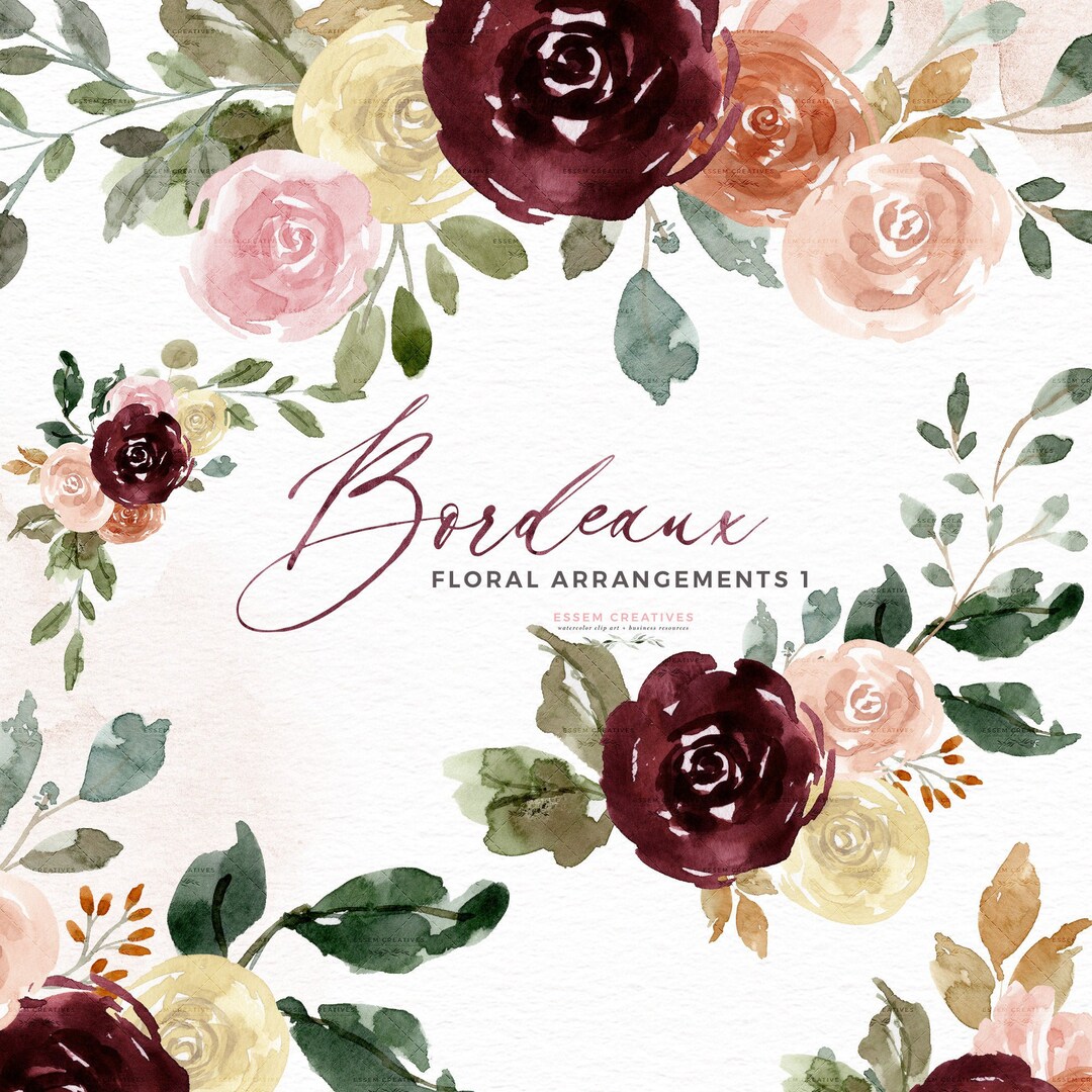 Maroon Watercolor Floral Clipart, Burgundy Fall Flowers Clip Art ...