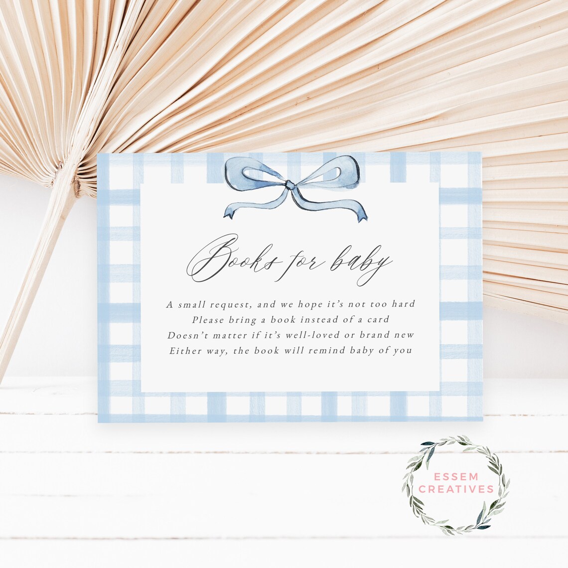 Editable Baby Blue Boy Baby Shower Books for Baby Card, Gingham Bow ...
