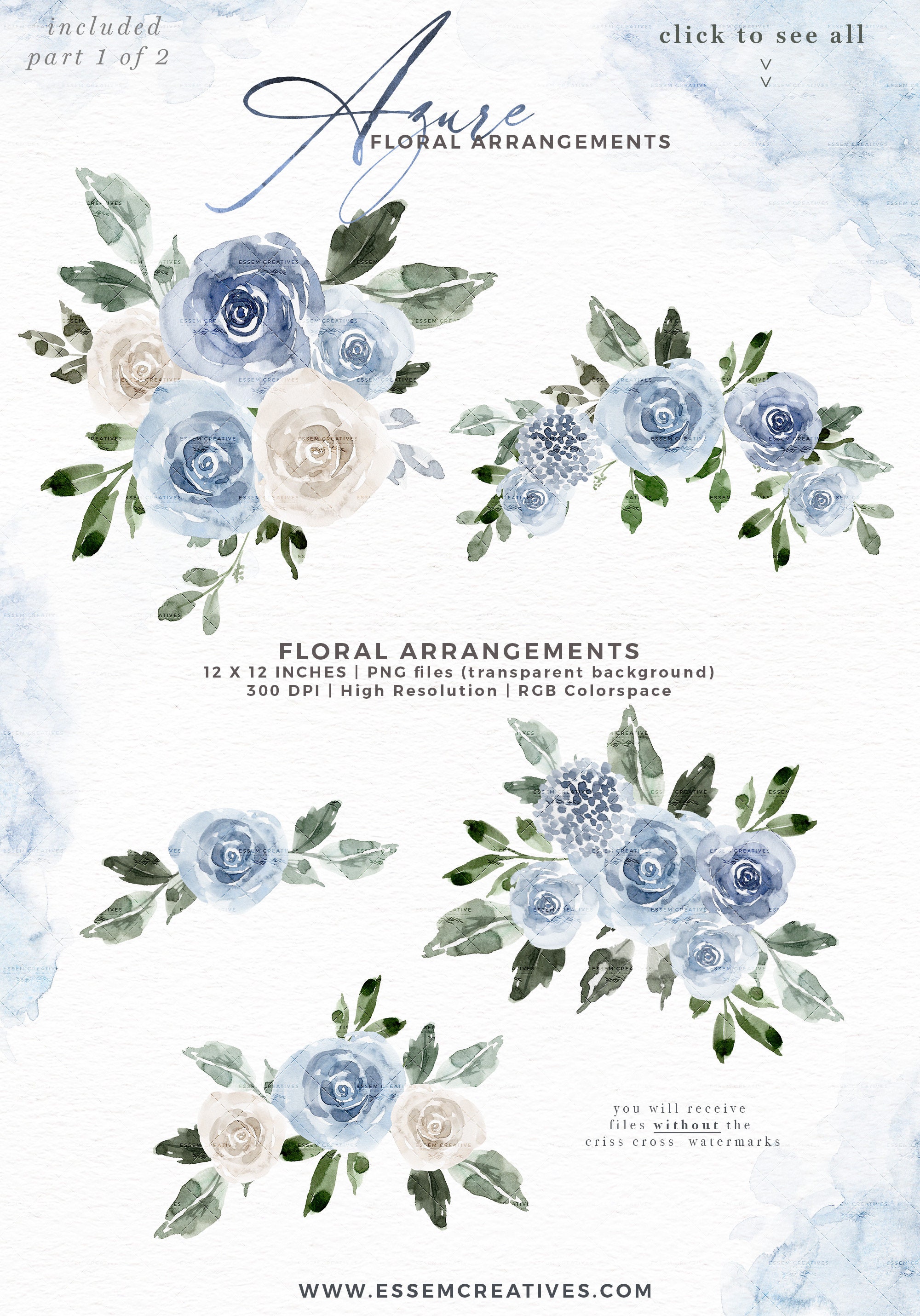 AZURE Blue Watercolor Flowers Clipart Winter Floral Clip Art | Etsy