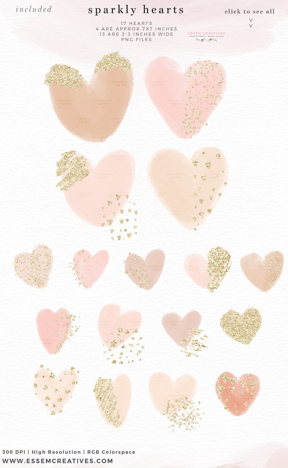 Sparkly Hearts Clipart PNG Watercolor Valentines Day Clipart - Etsy