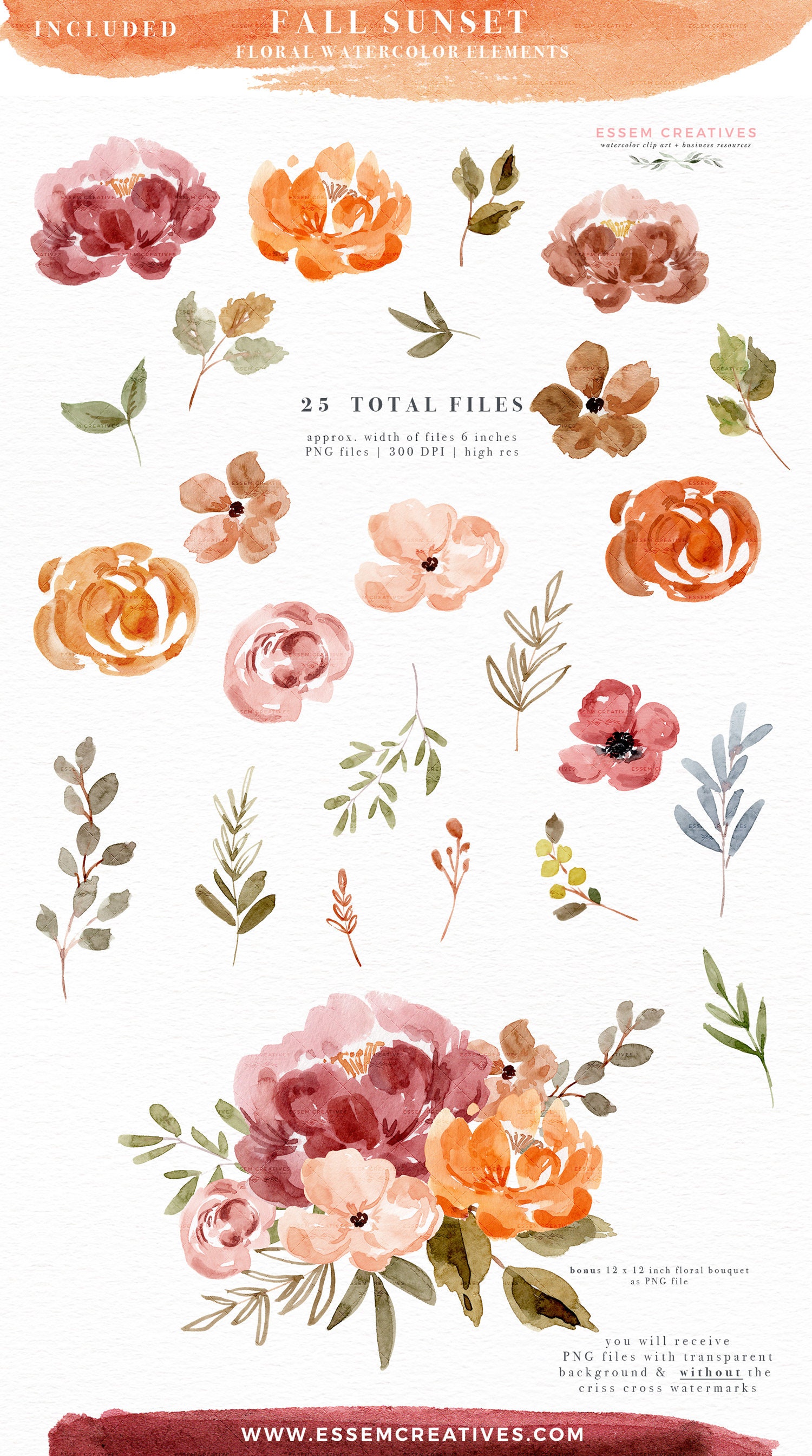 Fall Watercolor Flowers Clipart Burnt Orange Pink Floral - Etsy
