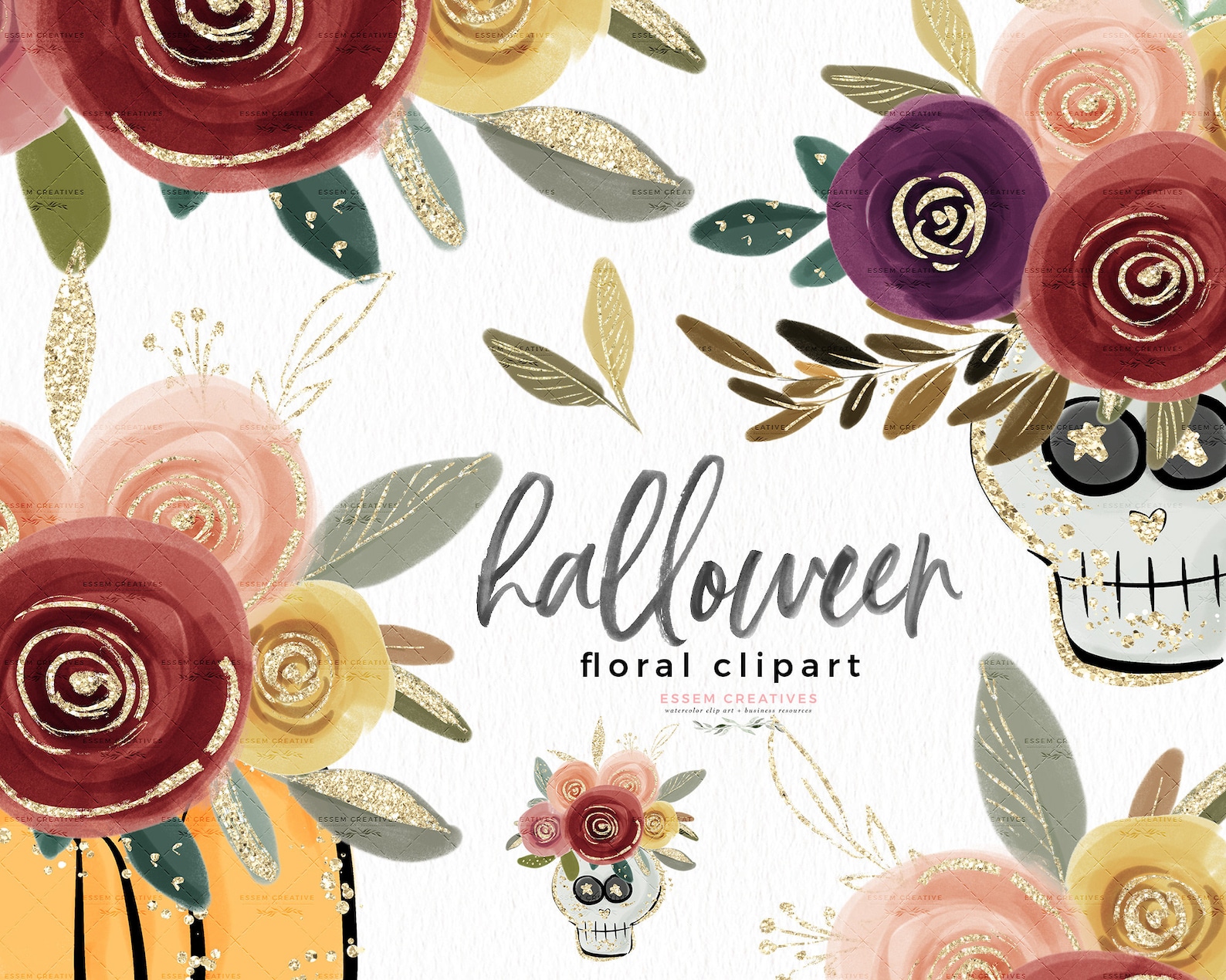 Watercolor Halloween Floral Clipart Gold Glitter Fall Spooky | Etsy