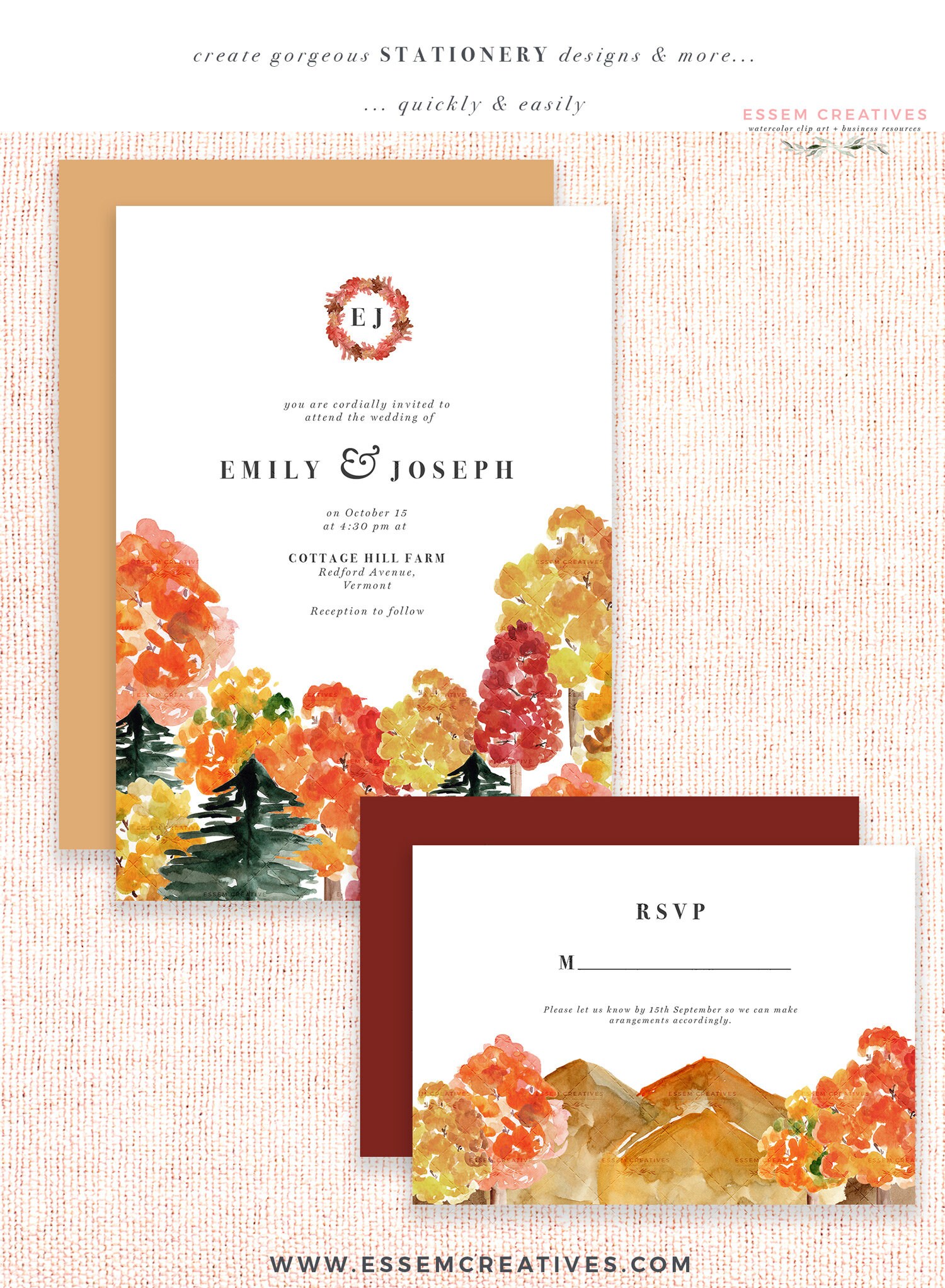 Fall Foliage Trees Clipart Forest Card Background Rustic | Etsy