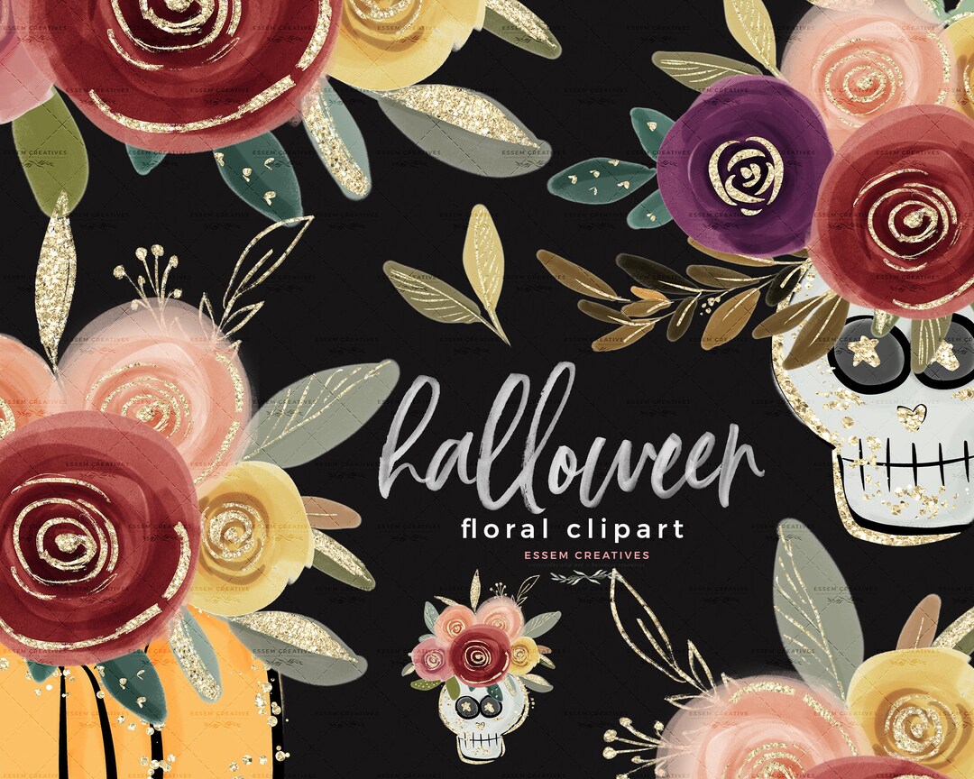 Watercolor Halloween Floral Clipart Gold Glitter, Fall Spooky Pumpkin ...